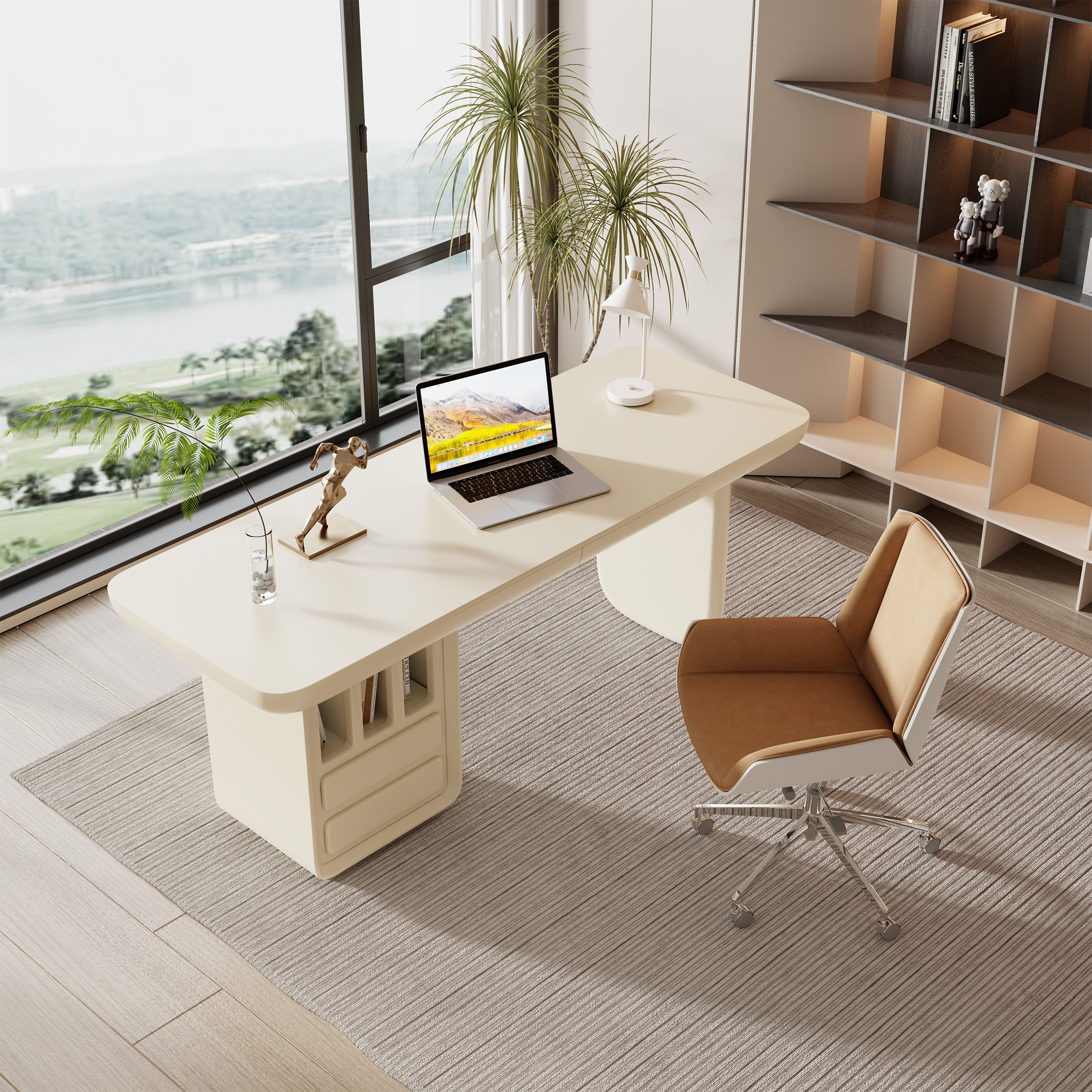 Hokku Designs 70.87" Beige Writing Desk, with 4 Drawers, Retangular Shaped, Round edges for ...